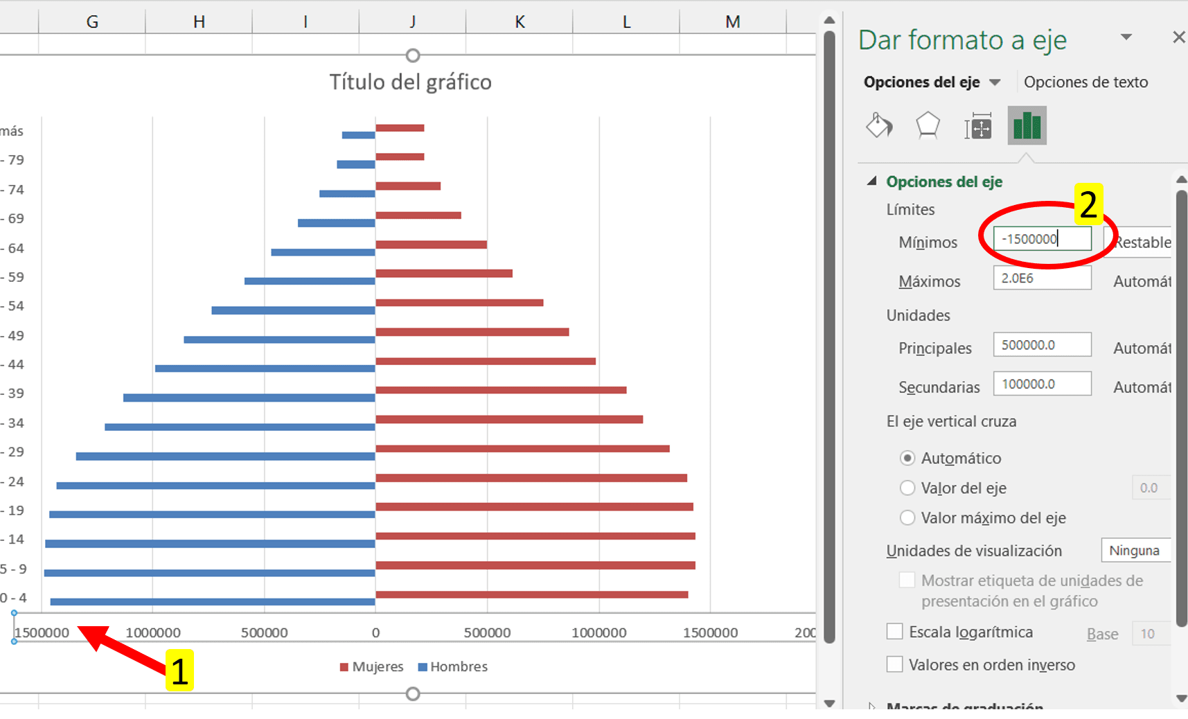 Gráfico pirámide poblacional en Excel