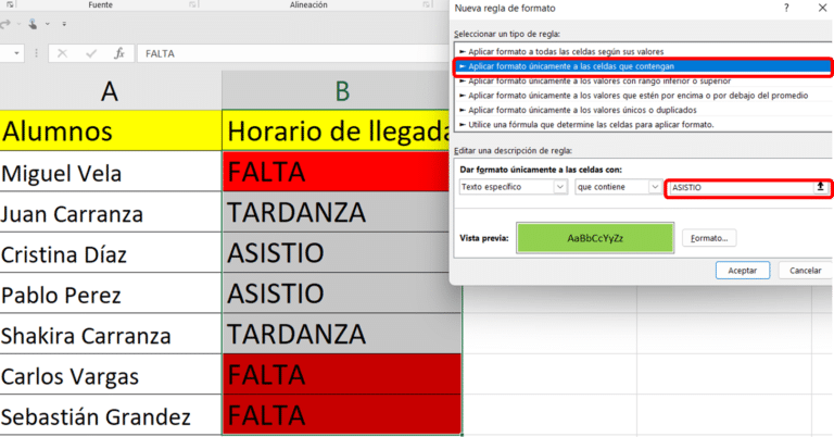 Formato condicional color en celdas de Excel